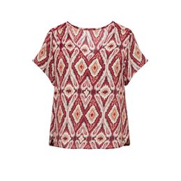 V-Shirt Only CARMAKOMA "CARBELLY MIKASI SS V-NECK TOP AOP", Damen, Gr. 42, brick rot aop:abstract squares, Jersey, Obermaterial: 80% Viskose, 20% Nylon, bedruckt, regular fit normal, V-Ausschnitt, Shirts