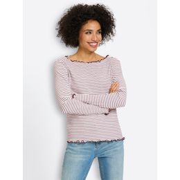 Langarmshirt Heine "Ringelshirt", Damen, Gr. 34, wei&szlig; (ecru, burgund, geringelt), 95% Baumwolle, 5% Elasthan, gemustert, gestreift, U-Boot-Ausschnitt, Shirts Langarmshirt