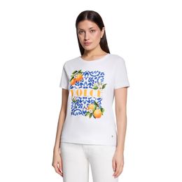 BETTY & CO Kurzarmshirt BETTY & CO "Damen mit Print", Damen, Gr. L, patch wei&szlig;, blau, Obermaterial: 95% Baumwolle, 5% Elasthan, gerade normal, Rundhals, Shirts