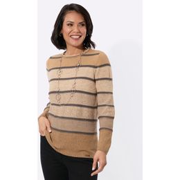 Rundhalspullover Casual Looks "Pullover", Damen, Gr. 42, beige (camel, steingrau, geringelt), 75% Baumwolle, 25% Polyacryl, gemustert, gestreift, mehrfarbig, Pullover Rundhalspullover