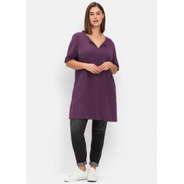 Longshirt sheego "Longshirt", Damen, Gr. 48/50, traube, 100% Baumwolle, unifarben, V-Ausschnitt, Shirts Longshirt
