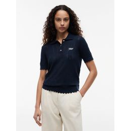 Kurzarmpullover Tommy Jeans "TJW POINTELLE POLO SWEATER", Damen, Gr. L (42/44), schwarz night navy, Strick, Obermaterial: 50% Viskose, 28% Polyester, 22% Polyamid, unifarben, normal, Rundhals, Pullover, Viskosemischung, Pointelle Strickmuster, gewellte S&auml;ume