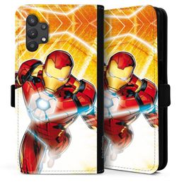 DeinDesign Galaxy A32 5G Handy Klapph&uuml;lle Handyh&uuml;lle aus Kunst Leder schwarz Flip Case Marvel Iron Man Fire Sideflip mit langer Lasche