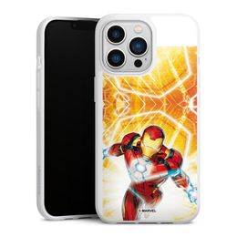 DeinDesign iPhone 13 Pro Handy Silikon H&uuml;lle Case wei&szlig; Handyh&uuml;lle Marvel Iron Man Fire Silikon Case