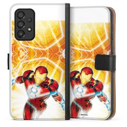 DeinDesign Galaxy A33 5G Handy Klapph&uuml;lle Handyh&uuml;lle aus Kunst Leder schwarz Flip Case Fire Iron Man Marvel Sideflip mit langer Lasche