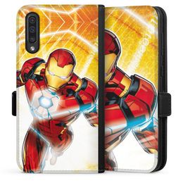 DeinDesign Galaxy A50 Handy Klapph&uuml;lle Handyh&uuml;lle aus Kunst Leder schwarz Flip Case Marvel Iron Man Fire Sideflip mit Lasche
