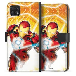 DeinDesign Galaxy A22 5G Handy Klapph&uuml;lle Handyh&uuml;lle aus Kunst Leder schwarz Flip Case Marvel Iron Man Fire Sideflip mit langer Lasche