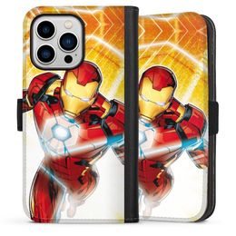 DeinDesign iPhone 13 Pro Handy Klapph&uuml;lle Handyh&uuml;lle aus Kunst Leder schwarz Flip Case Marvel Iron Man Fire Sideflip mit Lasche