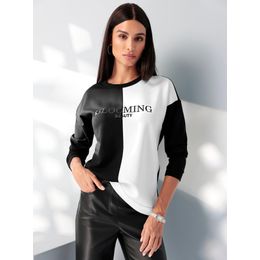 Sweatshirt Heine, Damen, Gr. 50, schwarz-wei&szlig; (schwarz, ecru, gemustert), 50% Modal, 44% Polyester, 6% Elasthan, gemustert, mehrfarbig, Rundhals, Sweatshirts Sweatshirt