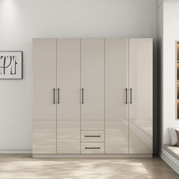 Kleiderschrank OTTO HOME "Sylt Schlafzimmerschrank Garderobe Schrank in hochglanz wei&szlig;", beige (sandgrau), B:200cm H:200cm T:52cm, FSC-zertifizierter Holzwerkstoff, Schr&auml;nke, Kleiderschrank, Dreht&uuml;renschrank mit perfekter Innenausstattung, Breite 200cm