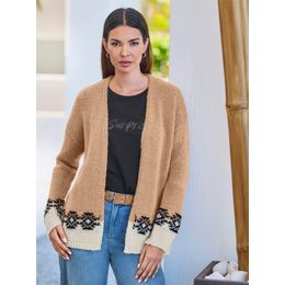 Strickjacke Heine, Damen, Gr. 34, beige (camel, schwarz, gemustert), 100% Polyacryl, gemustert, mehrfarbig, Strickjacken Strickjacke