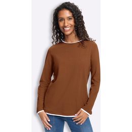 Langarmshirt Heine "Langarm-Shirt", Damen, Gr. 50, cognac, wei&szlig;, 95% Baumwolle, 5% Elasthan, gemustert, mehrfarbig, Rundhals, Shirts Langarmshirt