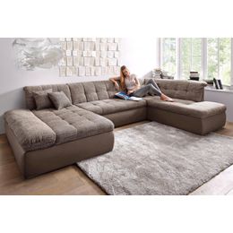 Wohnlandschaft DOMO collection "MORIC 353x216x80 cm, mit viel Platz, U-Form, auch in Cord", braun (espresso, beige, braun), B:353cm H:80cm T:216cm, Microfaser PRIMABELLE / Struktur (90% Polyester/ 10% Polyacryl);Kunstleder SOFTLUX / Struktur (90% Polyester/ 10% Polyacryl), Sofas, Wohnlandschaft, im XXL-Format, wahlweise mit Bettfunktion und Armlehnenverstellung
