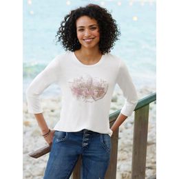Langarmshirt Heine "Shirt", Damen, Gr. 34, ecru, 95% Viskose, 5% Elasthan, bedruckt, gemustert, mehrfarbig, Rundhals, Shirts Langarmshirt