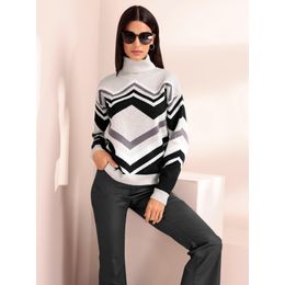 Strickpullover Heine "Pullover", Damen, Gr. 38, hellgrau, schwarz, gemustert, 70% Viskose, 15% Polyamid, 13% Polyester, 2% metallisierte Fasern, gemustert, mehrfarbig, Pullover Strickpullover