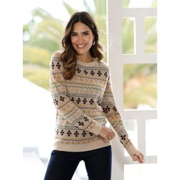 Jacquardpullover Classic Basics "Jacquard-Pullover", Damen, Gr. 56, sand, burgund, gemustert, 100% Polyacryl, gemustert, mehrfarbig, Pullover