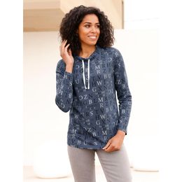 Stehkragenshirt Classic Basics "Langarm-Shirt", Damen, Gr. 56, rauchblau, ecru, bedruckt, 100% Baumwolle, gemustert, mehrfarbig, Shirts Stehkragenshirt