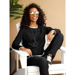 Langarmshirt Heine "Langarm-Shirt", Damen, Gr. 50, schwarz, wei&szlig;, 95% Baumwolle, 5% Elasthan, gemustert, mehrfarbig, Rundhals, Shirts Langarmshirt