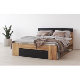 Bettgestell Home Affaire "Faweza, Breite 160 bzw. 180 cm, Stauraumbett", beige (eiche mauvella, schwarz, eiche mauvella, schwarz), B:166cm H:90cm L:205cm, Betten, Bettgestell, Funktionsbett Schublade mit extra viel Stauraum