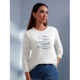 Rundhalsshirt Heine "Shirt", Damen, Gr. 50, ecru, mittelblau, 95% Baumwolle, 5% Elasthan, gemustert, mehrfarbig, unifarben, Rundhals, Shirts Rundhalsshirt