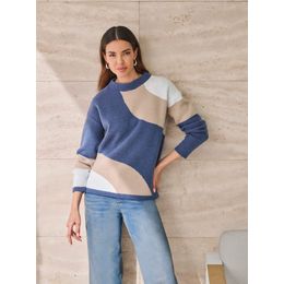 Strickpullover Heine "Pullover", Damen, Gr. 36, ecru, rauchblau, gemustert, 63% Polyacryl, 14% Polyester, 14% Polyamid, 5% Wolle, 4% Elasthan, gemustert, mehrfarbig, Pullover Strickpullover