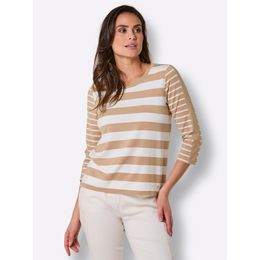 3/4-Arm-Shirt CREATION L PREMIUM "Lyocell-Shirt", Damen, Gr. 40, camel, ecru, gestreift, 96% Lyocell, 4% Elasthan, gemustert, gestreift, mehrfarbig, Rundhals, Shirts 3/4-Arm-Shirt