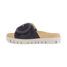 Pantolette Gabor, Damen, Gr. 39, blau (dunkelblau), Ziegenveloursleder, unifarben, Schuhe Pantolette, Plateau, Sommerschuh, Schlappen mit Zierperlen an der Zierschnalle