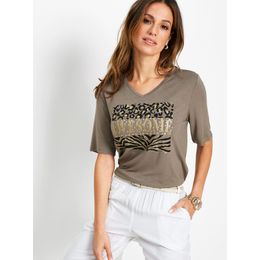 3/4-Arm-Shirt "Shirt", Damen, Gr. 50, sand, schwarz, 50% Baumwolle, 50% Modal, bedruckt, gemustert, V-Ausschnitt, Shirts 3/4-Arm-Shirt