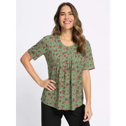 Kurzarmshirt Classic Basics "Kurzarm-Shirt", Damen, Gr. 42, khaki, fuchsia, bedruckt, 100% Baumwolle, gebl&uuml;mt, gemustert, mehrfarbig, Rundhals, Shirts