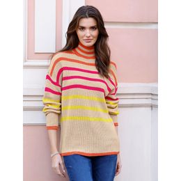 Stehkragenpullover Classic Basics "Stehkragen-Pullover", Damen, Gr. 44, sand, orange, gestreift, 100% Polyacryl, gemustert, gestreift, mehrfarbig, Pullover Stehkragenpullover