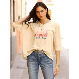 Langarmshirt Heine "Langarm-Shirt", Damen, Gr. 40, sand, 95% Polyester, 5% Elasthan, gemustert, V-Ausschnitt, Shirts Langarmshirt