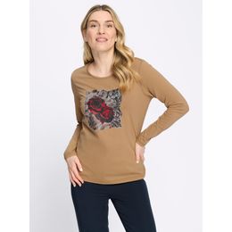Langarmshirt Classic Basics "Langarm-Shirt", Damen, Gr. 46, camel, 100% Baumwolle, gebl&uuml;mt, gemustert, mehrfarbig, Rundhals, Shirts Langarmshirt