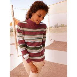 Stehkragenpullover Casual Looks "Pullover", Damen, Gr. 38, rotbraun, oliv, geringelt, 50% Baumwolle, 50% Polyacryl, gemustert, gestreift, mehrfarbig, Pullover Stehkragenpullover