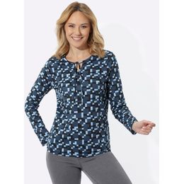 Langarmshirt Classic Basics "Langarm-Shirt", Damen, Gr. 42, blau (dunkelblau, schwarz, bedruckt), 100% Baumwolle, gemustert, mehrfarbig, Rundhals, Shirts Langarmshirt
