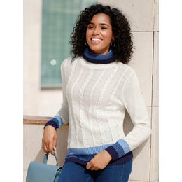 Rollkragenpullover Classic Basics "Rollkragen-Pullover", Damen, Gr. 38, ecru, marine, 100% Polyacryl, gemustert, gestreift, mehrfarbig, Pullover Rollkragenpullover