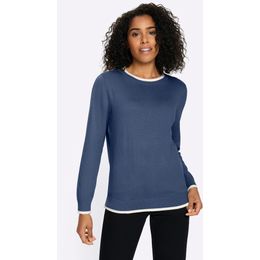 Strickpullover Classic Basics "Langarm-Pullover", Damen, Gr. 38, jeansblau, ecru, 100% Baumwolle, unifarben, Pullover Strickpullover