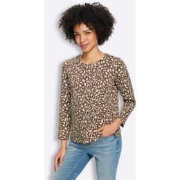 Langarmshirt Heine "Druck-Shirt", Damen, Gr. 38, braun, champagner, bedruckt, 95% Baumwolle, 5% Elasthan, bedruckt, gemustert, mehrfarbig, Rundhals, Shirts Langarmshirt