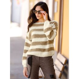 Strickpullover Heine "Pullover", Damen, Gr. 36, champagner, grau, gestreift, 72% Polyacryl, 15% Wolle, 10% Polyamid, 3% Polyester, gemustert, gestreift, Pullover Strickpullover