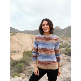 Stehkragenpullover Casual Looks "Boucl&eacute;-Pullover", Damen, Gr. 52, rauchblau, camel, geringelt, 92% Polyacryl, 8% Polyester, gemustert, gestreift, mehrfarbig, Pullover Stehkragenpullover