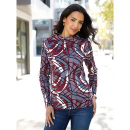 Stehkragenshirt Classic Basics "3/4-Arm-Shirt", Damen, Gr. 44, bordeaux, rauchblau, bedruckt, 100% Baumwolle, Shirts Stehkragenshirt