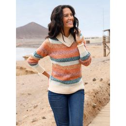 V-Ausschnitt-Pullover Casual Looks "Stehkragen-Pullover", Damen, Gr. 40, kalkmint, flamingo, geringelt, 100% Polyacryl, gemustert, gestreift, mehrfarbig, Pullover