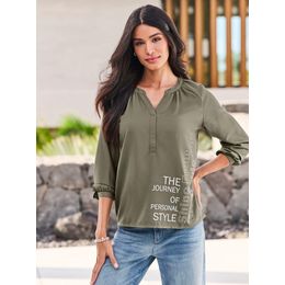 Druckbluse Heine, Damen, Gr. 36, moos, ecru, bedruckt, 100% Polyester, gemustert, mehrfarbig, Rundhals, Blusen Druckbluse