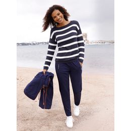 Strickpullover Casual Looks "Strickpullover", Damen, Gr. 36, marine, ecru, geringelt, 55% Baumwolle, 45% Viskose, gemustert, gestreift, Pullover Strickpullover