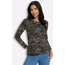 Langarmshirt Classic Basics "Langarm-Shirt", Damen, Gr. 44, braun (schwarz, beige, bedruckt), 100% Baumwolle, gemustert, gepunktet, mehrfarbig, Rundhals, Shirts Langarmshirt