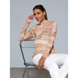 CR&Eacute;ATION L Stehkragenshirt CREATION L "Druck-Shirt", Damen, Gr. 36, beige, vanille, bedruckt, 95% Viskose, 5% Elasthan, gemustert, Shirts Stehkragenshirt