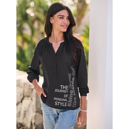 Druckbluse Heine, Damen, Gr. 36, schwarz, ecru, bedruckt, 100% Polyester, gemustert, mehrfarbig, Rundhals, Blusen Druckbluse
