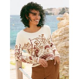 Strickpullover Heine "Druck-Pullover", Damen, Gr. 34, beige (dunkelrot, champagner, bedruckt), 72% Viskose, 28% Polyamid, Paisley, bedruckt, gemustert, mehrfarbig, Pullover Strickpullover