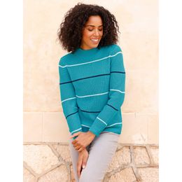 Stehkragenpullover Classic Basics "Stehkragen-Pullover", Damen, Gr. 38, t&uuml;rkis, petrol, geringelt, 100% Polyacryl, gemustert, gestreift, mehrfarbig, Pullover Stehkragenpullover