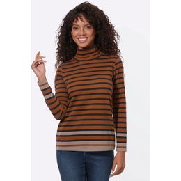 Rollkragenshirt Casual Looks "Ringelshirt", Damen, Gr. 44, braun (cognac, schwarz, geringelt), 95% Baumwolle, 5% Elasthan, gemustert, gestreift, mehrfarbig, Shirts