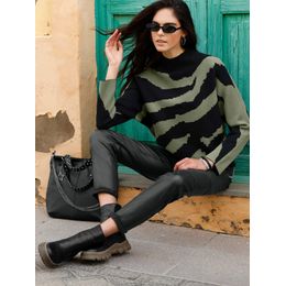 Strickpullover Heine "Pullover", Damen, Gr. 34, khaki, schwarz, gemustert, 50% Viskose, 25% Polyester, 25% Polyamid, gemustert, mehrfarbig, Pullover Strickpullover